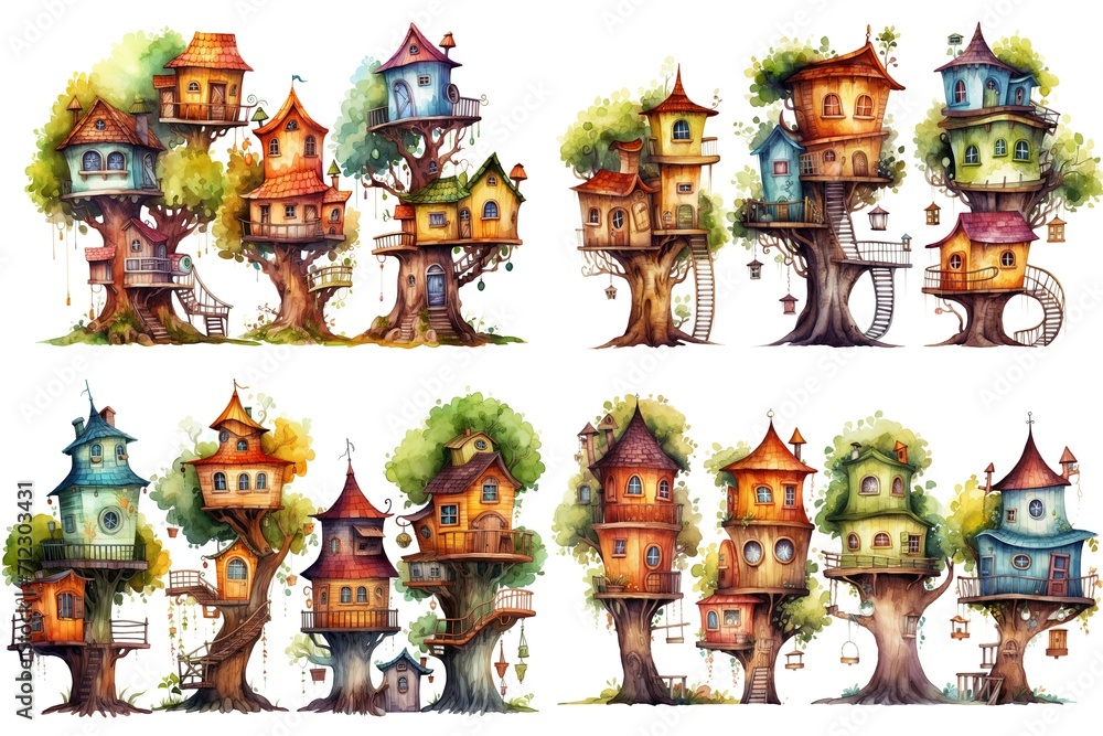 watercolor cartoon illustration collection set, cute treehouse in ...