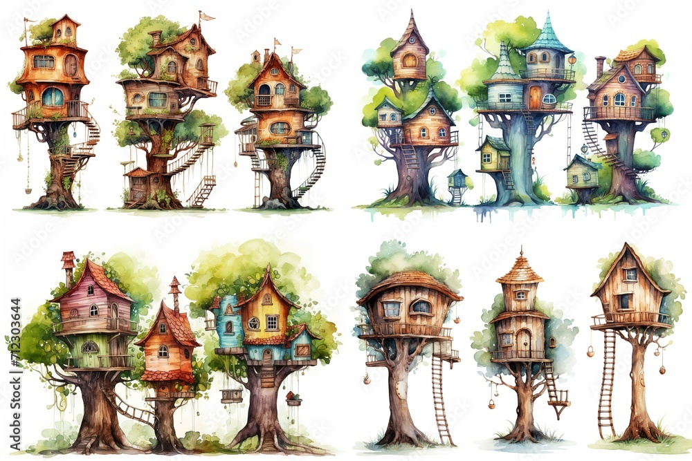 watercolor cartoon illustration collection set, cute treehouse in ...