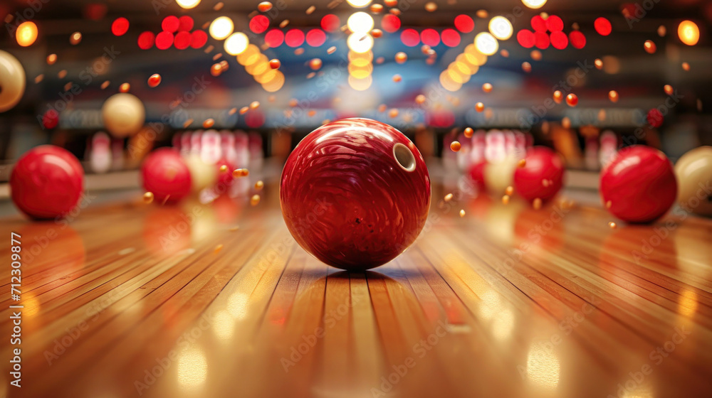 Bowling Ball on Lane with Pins in Background.,Close-up view of a shiny ...