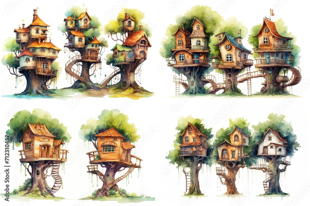 watercolor cartoon illustration collection set, cute treehouse in ...