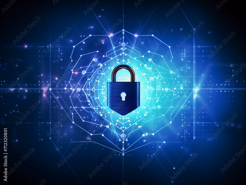 Graphic representation of a cybersecurity network lock superimposed on ...