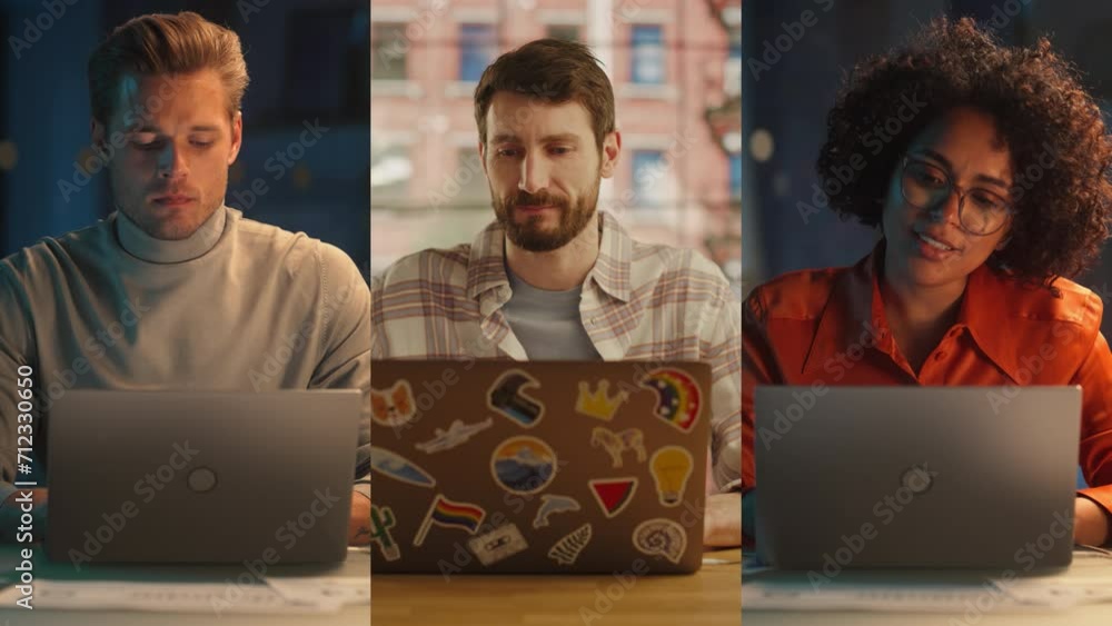 Split Screen Collage of Diverse Group of People Working on Laptops ...