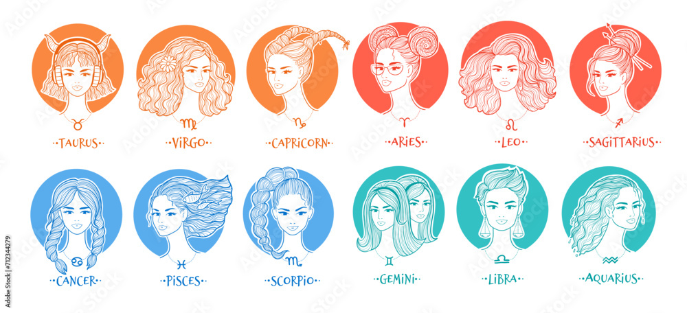 Vector illustrations set of zodiac signs line art female face portraits ...