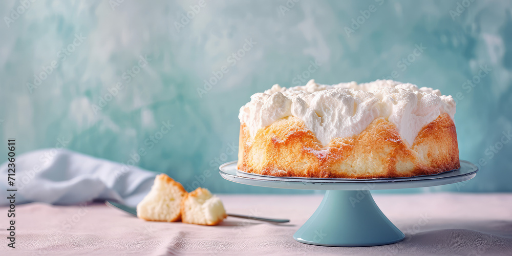 Angel Food Cake on Pastel blue background with copy space. Elegant ...