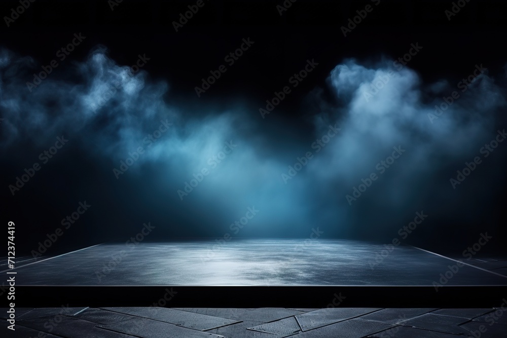 The dark stage shows, dark purple, multicolored background, an empty ...