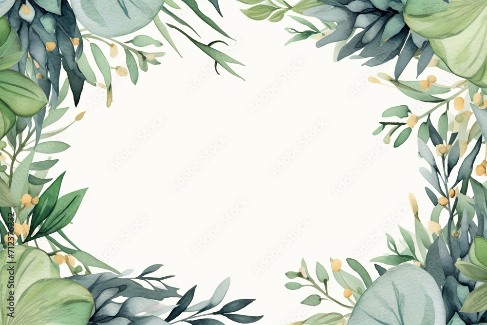 Watercolor invitation Card design with leaves. background with floral ...