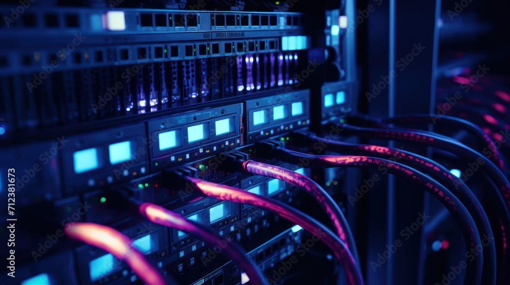 Network cables connected to a black patch panel in a data server room ...