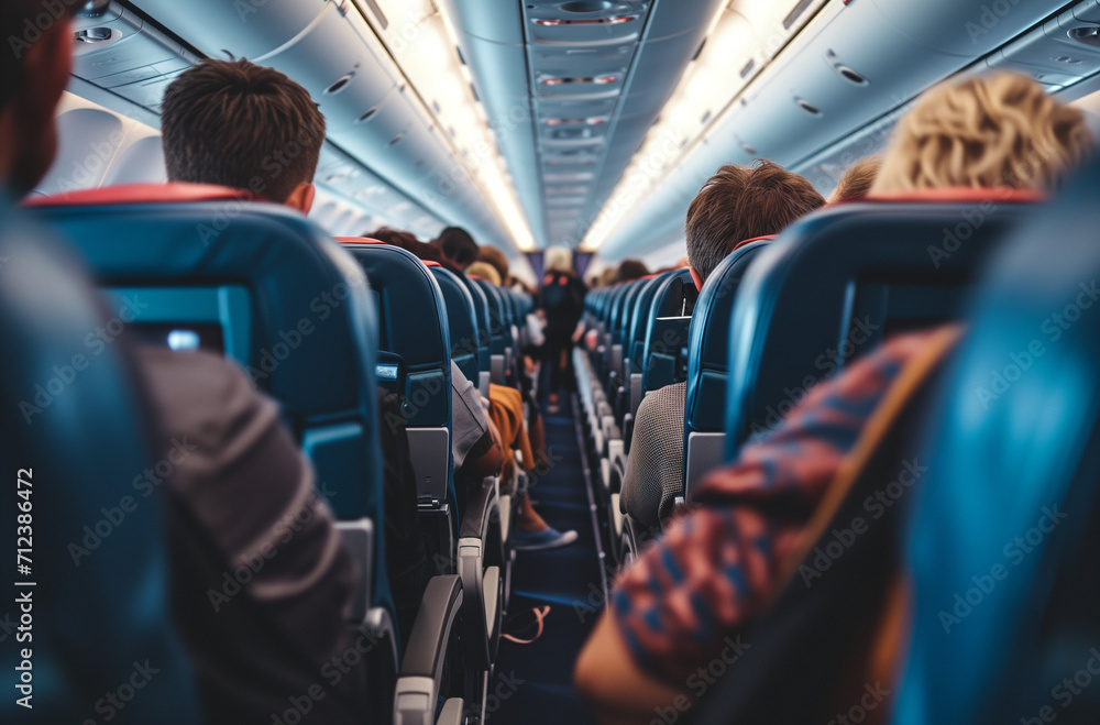 Commercial airplane cabin with rows of seats down the aisle and people ...