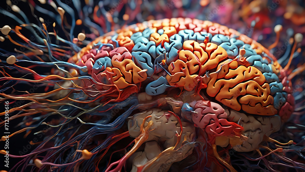 Illustrate a vibrant close-up of the human brain, showcasing neurons ...