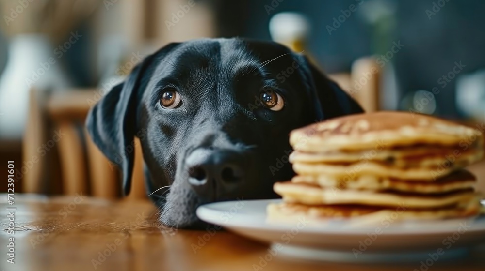 Photos of a hungry dog and food in the kitchen at home. A black ...
