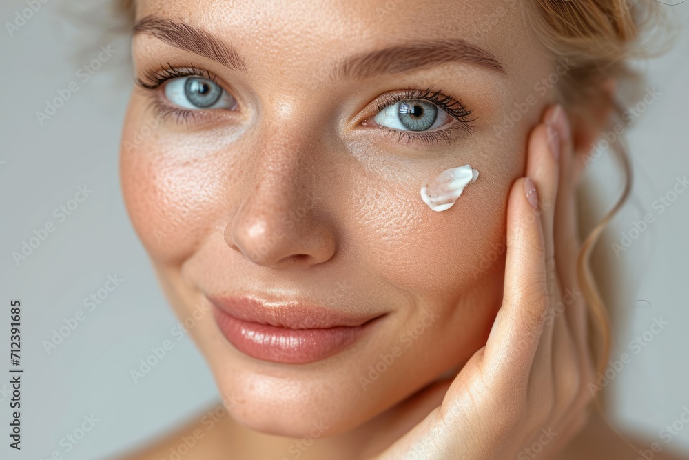 Close-up photo of young woman touching her skin, she applies ...