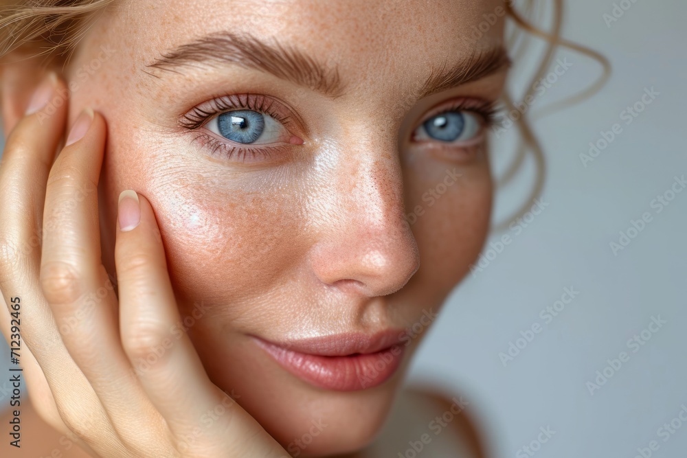 Close-up photo of young woman touching her skin, she applies ...