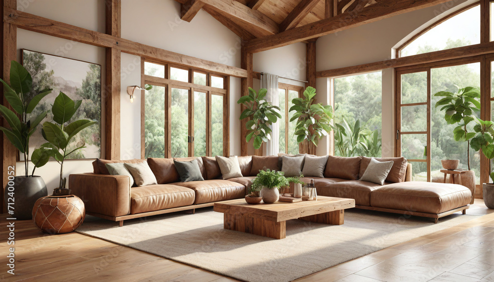 Eco-friendly living room design, large biophilic elements, natural ...