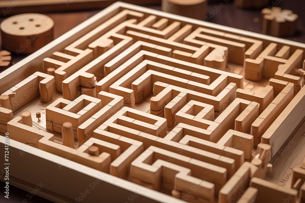 Wooden maze game board on the table, complex, and confused circumstance ...