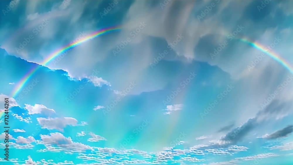 A landscape painting characterized by a vibrant rainbow piercing ...