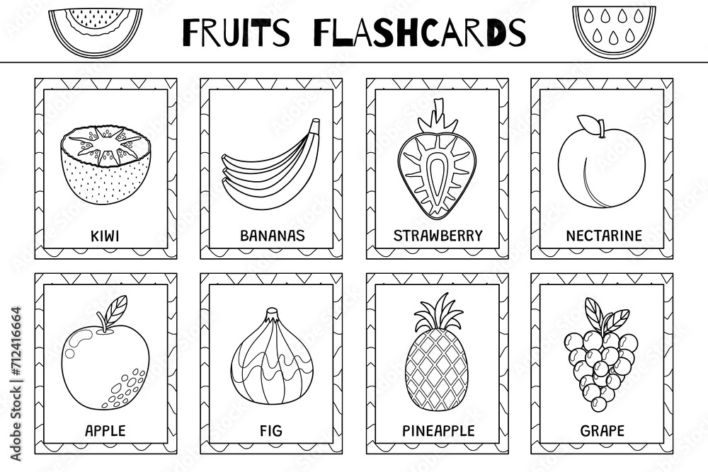 Fruits flashcards black and white collection. Flash cards for coloring ...