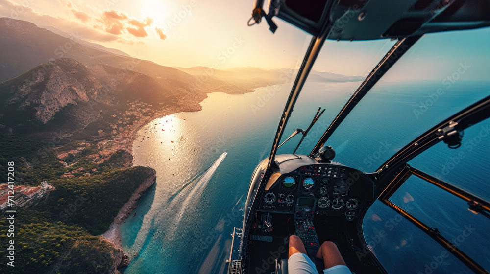 Helicopter cockpit flying on sea view landscape and cloudy sky, with ...
