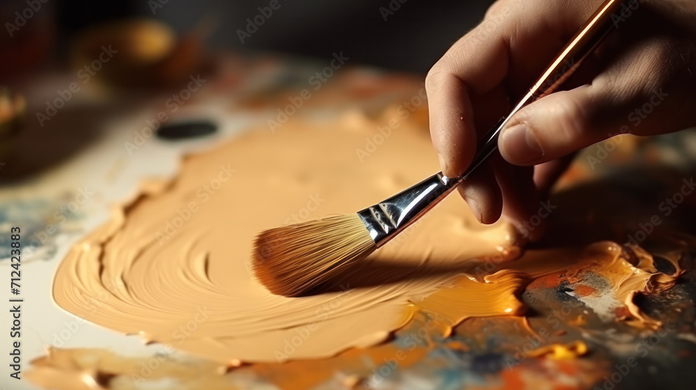 Female Artist Works on Abstract Oil Painting, Moving Paint Brush ...