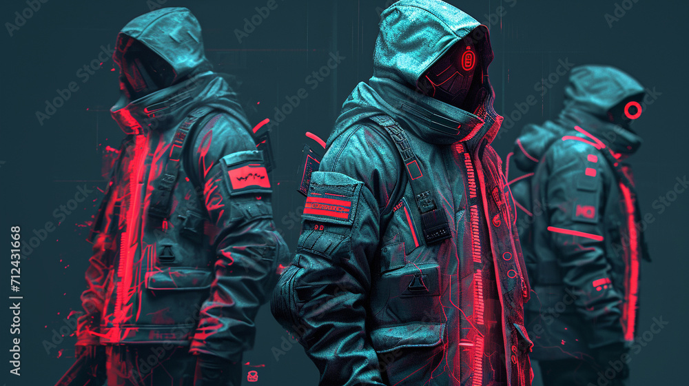 A character concept for a black-market tech dealer, wearing a coat with ...