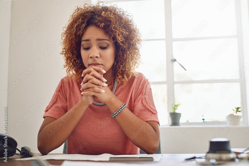 Office, woman or worker praying, faith or hope for career, job or work ...