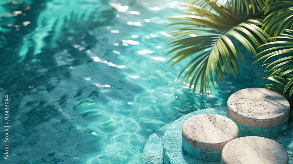 Top view of marble podium stand in swimming pool water with palm leaves ...