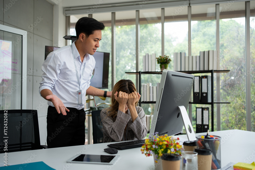 Stressed of female employee and offensive faces that the boss yells ...