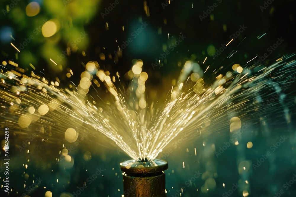 A sprinkler is spraying water on the ground. This image can be used to ...