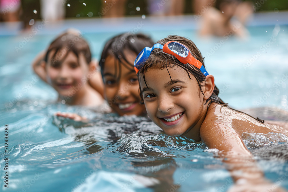 Diverse young children enjoying swimming lessons in pool, learning ...
