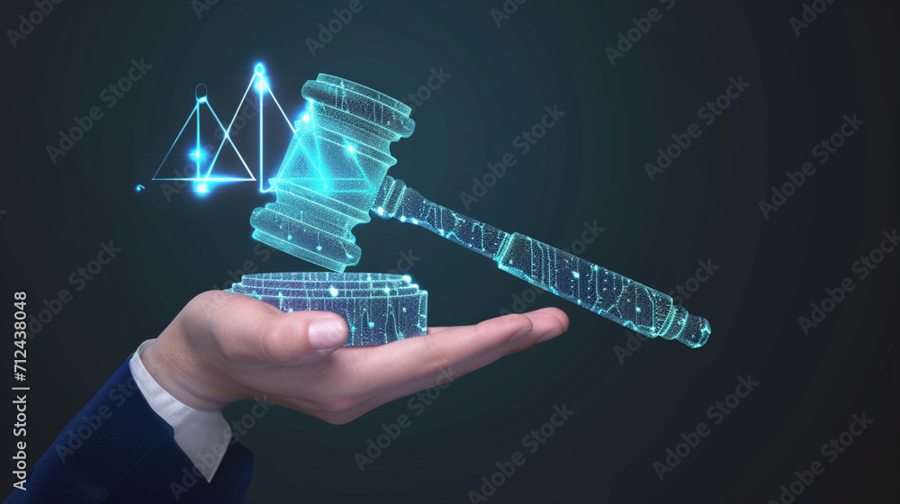 Judge Gavel Holographic Infographic On An Open Palm. Law and Judge's ...