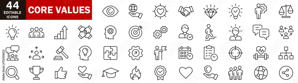 Core values icons . 44 editable icons set qualities as performance ...