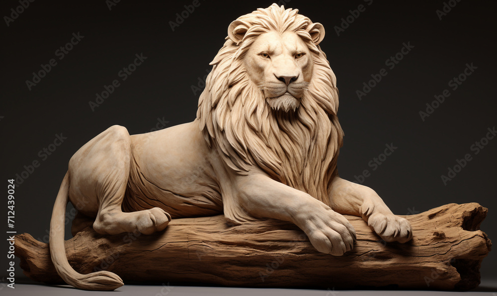 Sculpture of a lion lying on a tree trunk, made of wood and clay. The ...