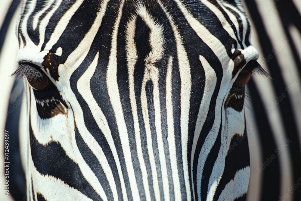 A detailed close up view of a zebra's face. This image can be used to ...