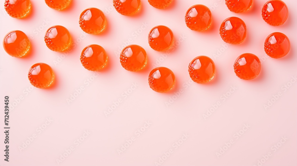 Perfectly aligned rows of red translucent gummy candies on a soft pink ...