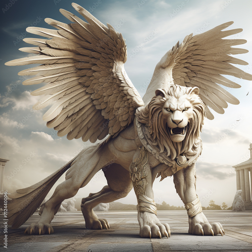 Greek statue of a winged lion with gigantic wings, letting out its ...