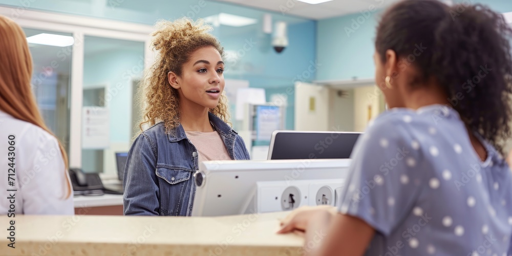 Imagery of a hospital reception desk with a receptionist assisting ...