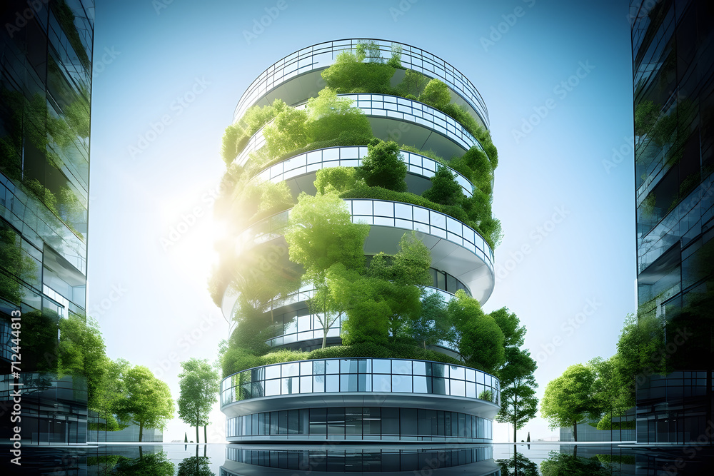 Eco-friendly building in the modern city. Sustainable glass office ...