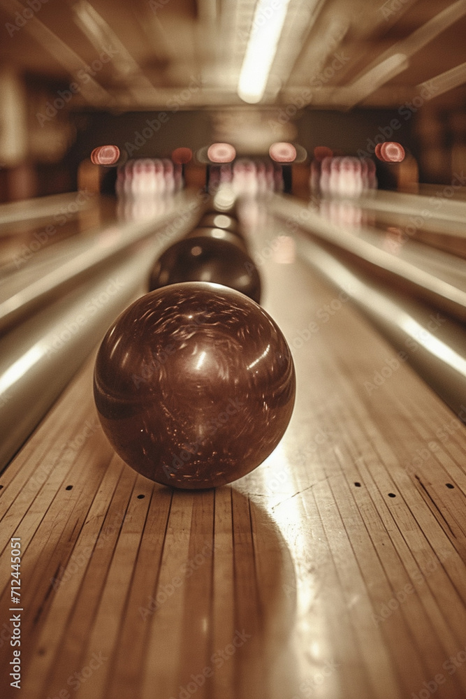 A surreal scene of a bowling alley in a vintage, sepia-toned photograph ...