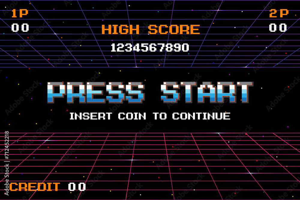 PRESS START INSERT A COIN TO CONTINUE .pixel art .8 bit game. retro ...