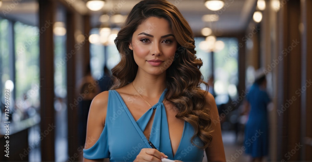 Radiant young lady seamlessly handling work and study responsibilities ...