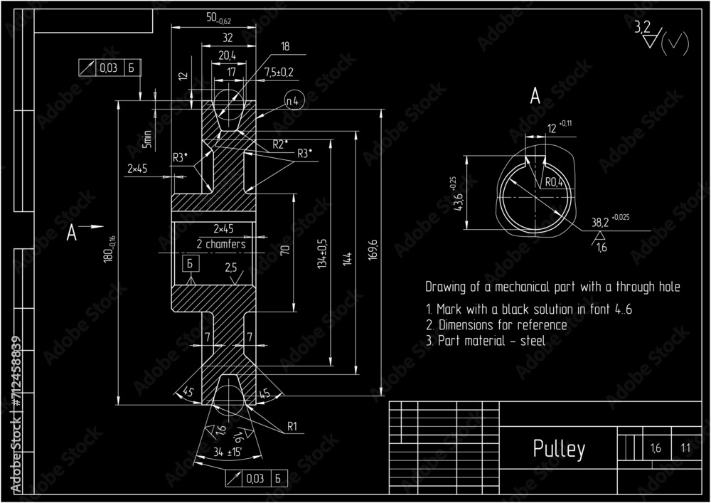Vector drawing of a steel mechanical part with through holes and ...