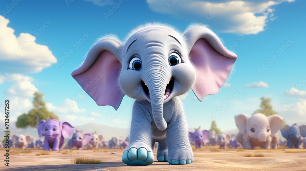 Cartoon 3d , A cute couple little elephant , laughing cutely on a white ...