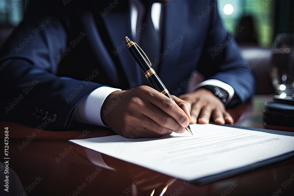 Close-up of a businessman's hand signing a contract with a luxury pen ...