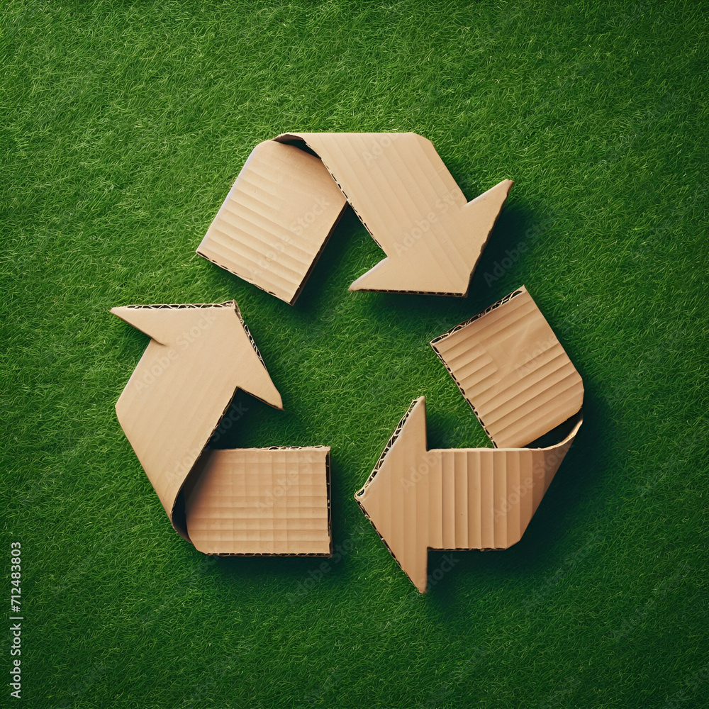 a cardboard recycling symbol on a lush green grass background. The main ... a cardboard recycling symbol on a lush green grass background. The main ...