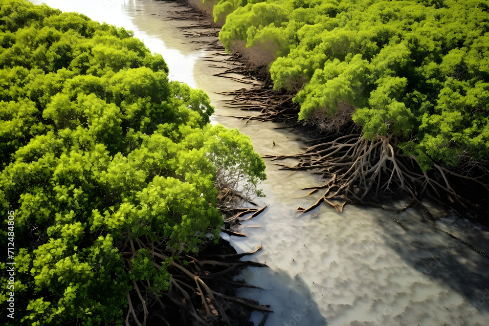 Green mangrove forest with morning sunlight. Mangrove ecosystem ...