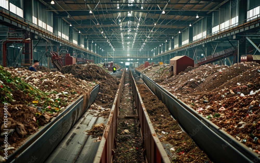 A large-scale food waste composting operation, featuring conveyor belts ...
