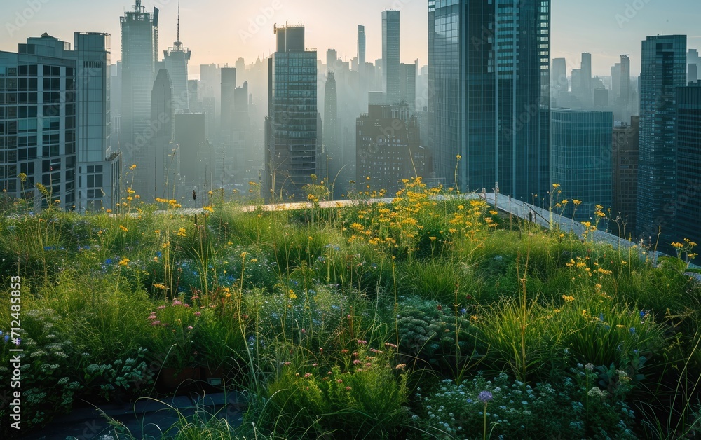 A rewilded rooftop garden on a city skyscraper, showcasing urban ...