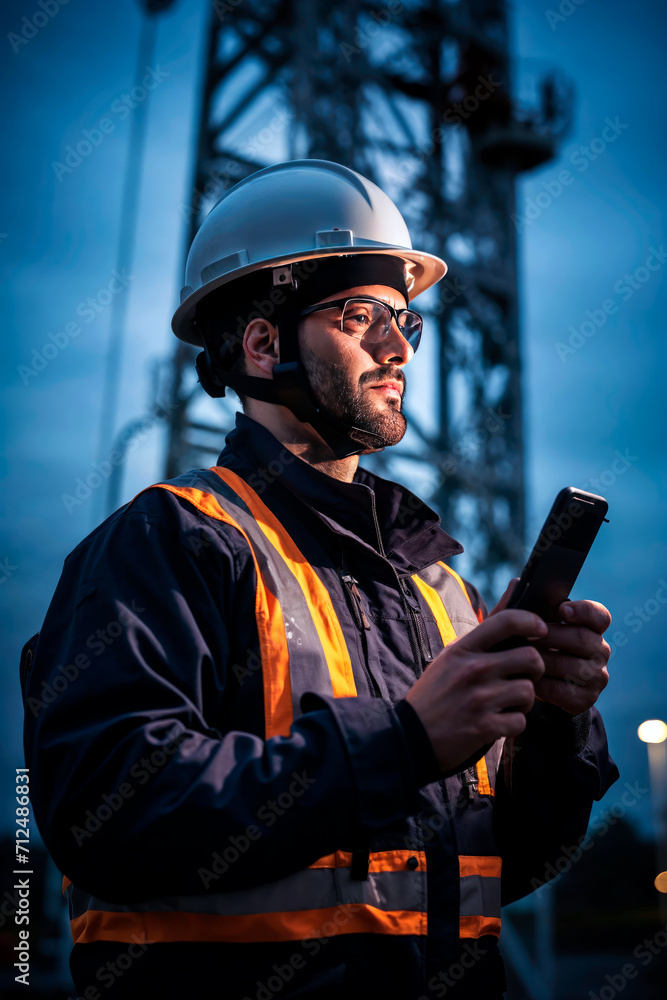 Helmeted male engineer works in the field with a telecommunication ...