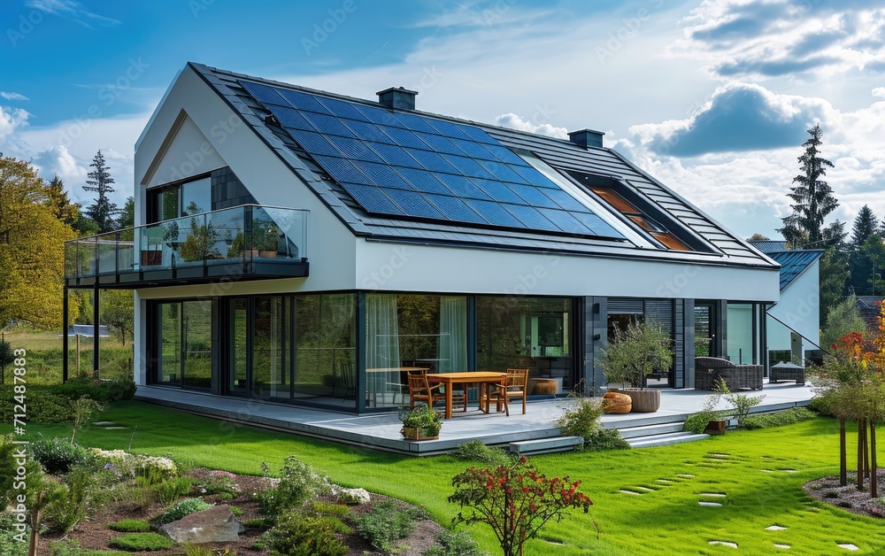 Sustainable living: An image of a modern eco-friendly home with solar ...