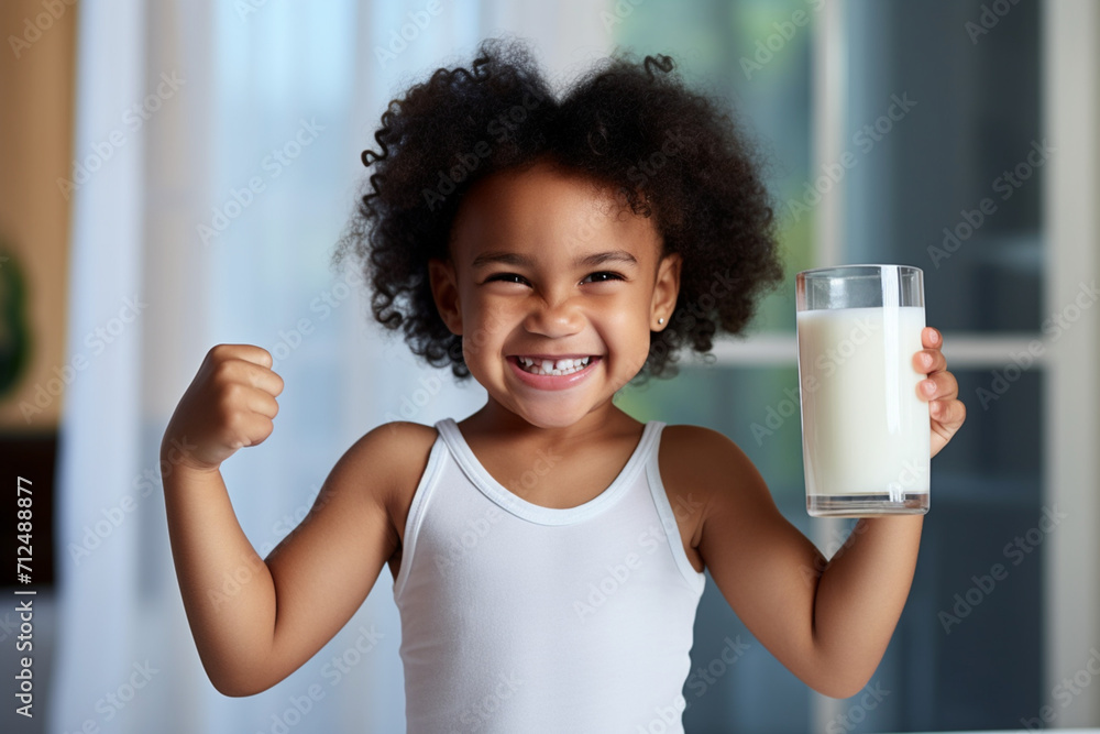 Milk, portrait and African girl with muscle from healthy drink for ...