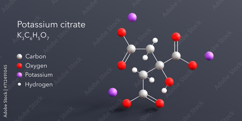 Potassium Citrate Molecule 3d Rendering Flat Molecular Structure With Chemical Formula And